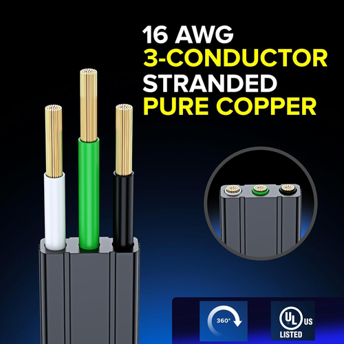 Cable 2 Ft 360° Rotating Flat Plug Extension Cord/Wire, 16 AWG Multi 3 ...