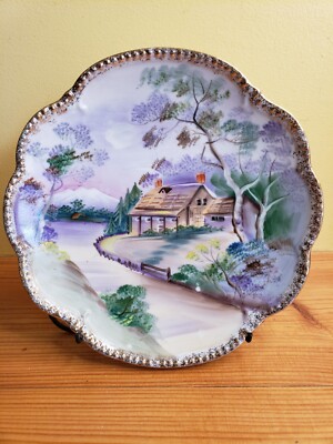 Vintage Ucagco Japan Hand Painted Plate 8" Cabin Cottage Flowering ...