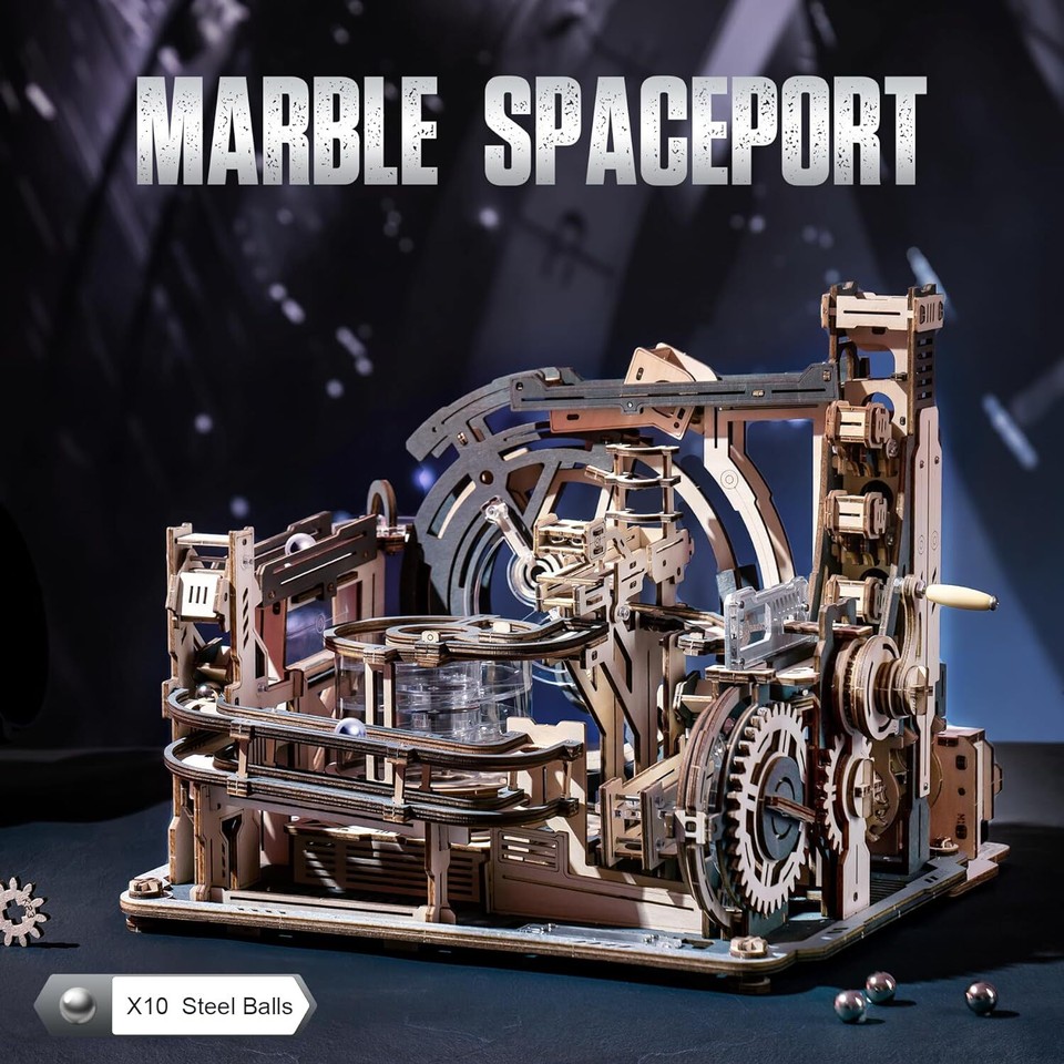 ROKR Electric Wooden 3D Puzzle Marble Spaceport Marble Run Model Kits ...