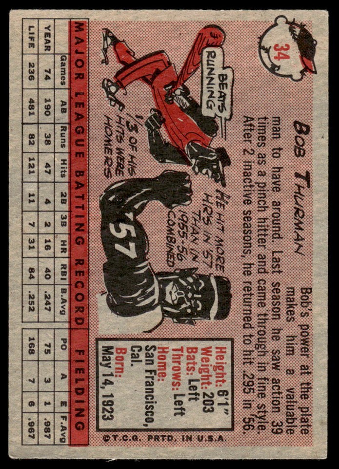 1958 TOPPS BOB THURMAN 34 VG BASEBALL CINCINNATI REDS | eBay