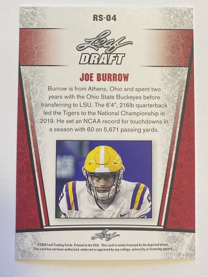 JOE BURROW 2020 Leaf Special Release Rookie Silver RS04 LSU BENGALS RC ...