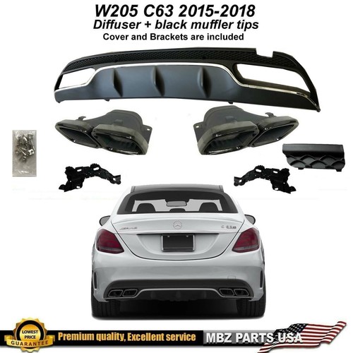C63 W205 Diffuser Black Muffler Tips Exhaust Kit AMG 2015 2016 2017 ...