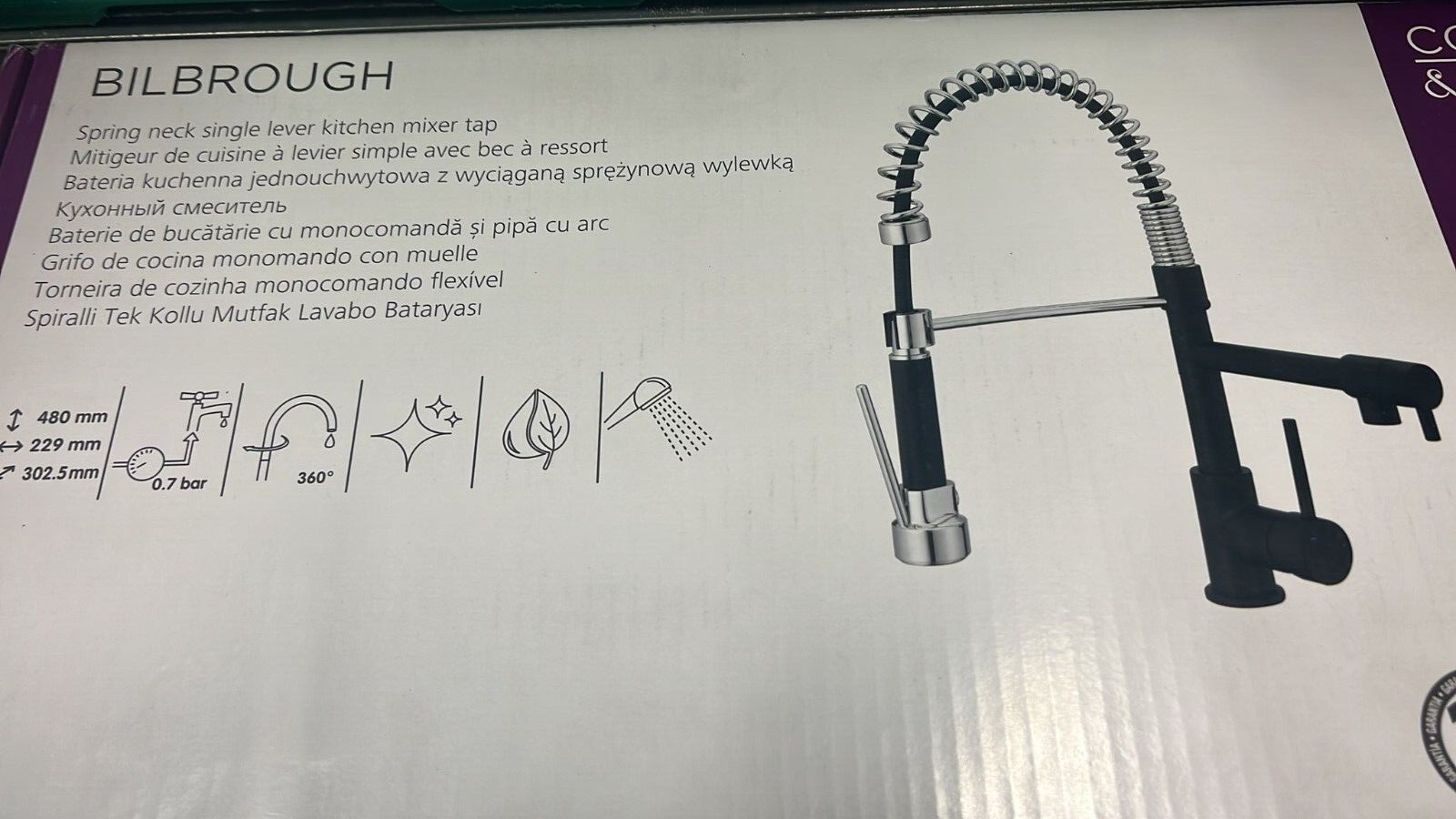 Cooke & Lewis Bilbrough Black Kitchen Side lever spring neck Tap ...