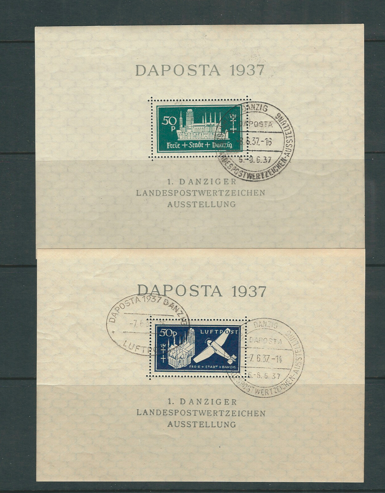 DANZIG 1937 PHILATRLIC EXPO souvenir sheets (Scott 221 and C41) VF CTO ...