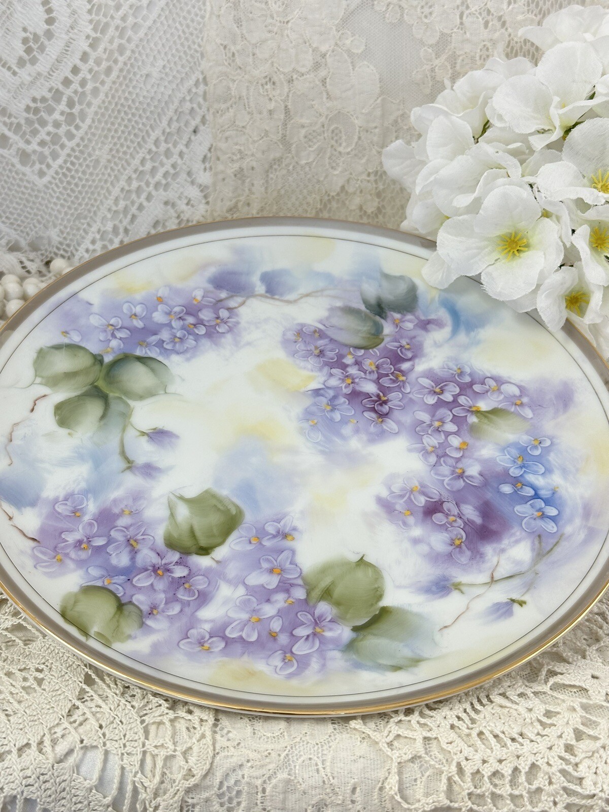 Handpainted Gold Trim Plate Multiple Lavender Violets Signed Vtg Shabby ...