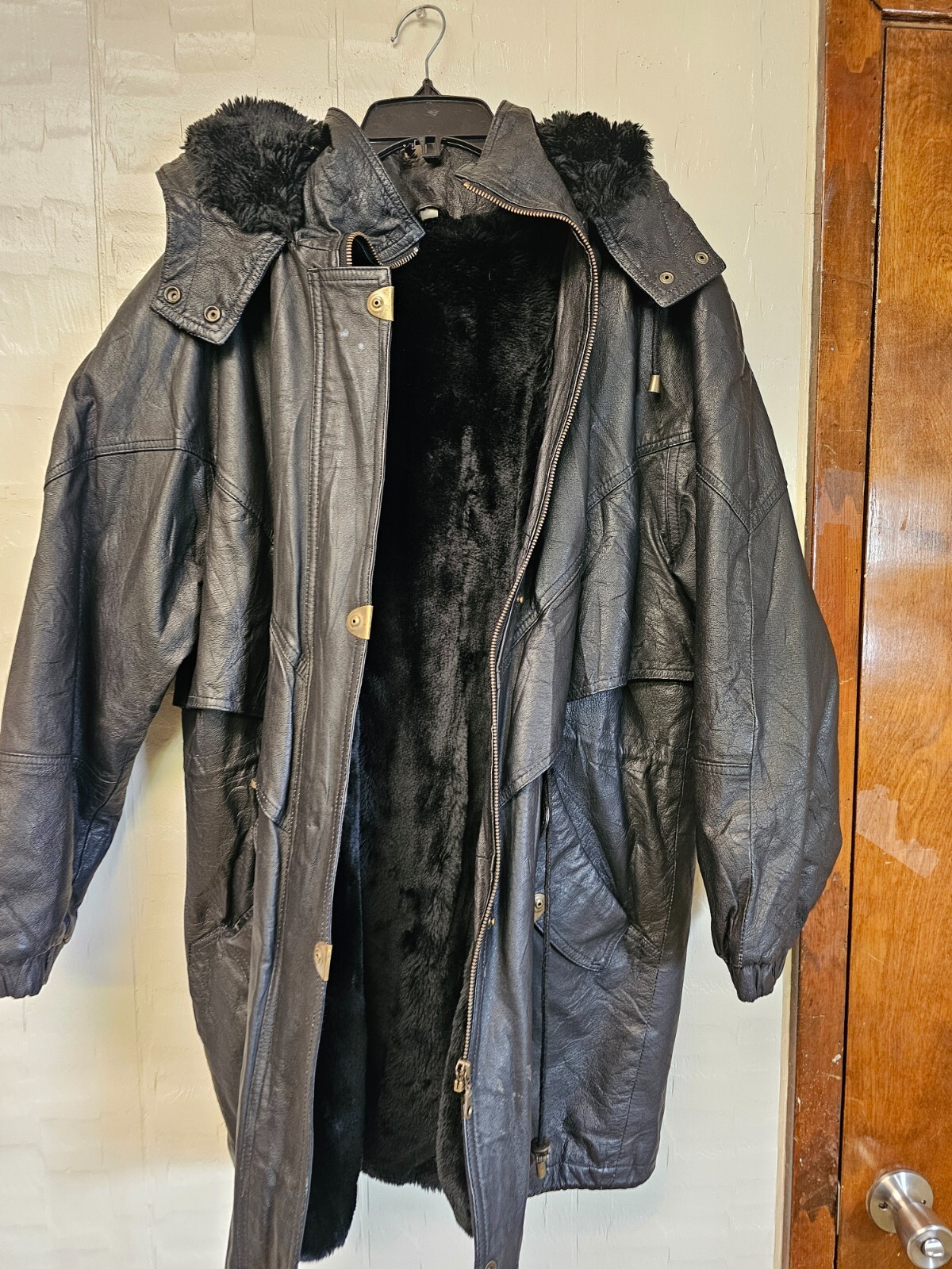 charles klein leather faux fur jacket coat vintage si… - Gem