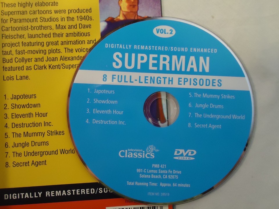 Superman 8 Full Length Episodes Vol #2 DVD 1940s Hollywood Television ...