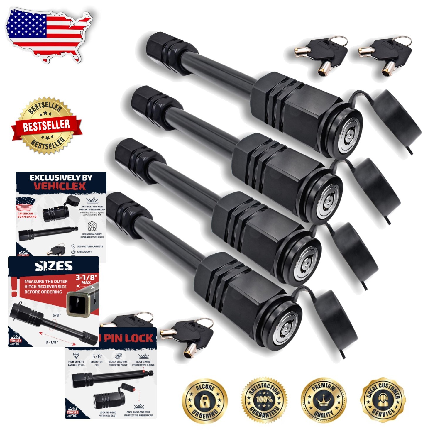 Set of 4 Keyed Alike Hitch Pin Locks for 2" Trailer Receivers - Durable ...