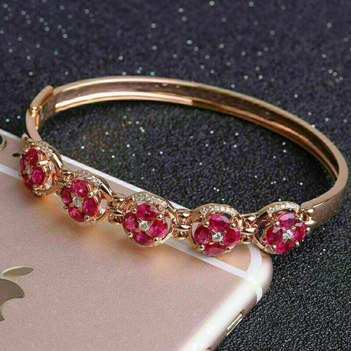 Simulated Oval Ruby / Diamond Women Pretty Bangle Bracelet 14K Rose ...