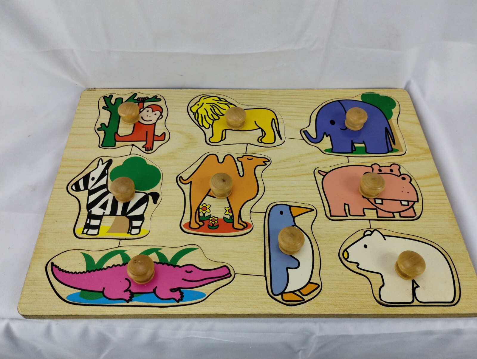 Wooden Zoo Animals Peg Puzzle 9 Pcs 11.5 x 8.5” Monkey Lion Elephant ...