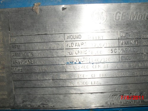 400 HP DC General Electric Motor, 1150 RPM, 6058 Frame, DPFV, 500 V Arm ...