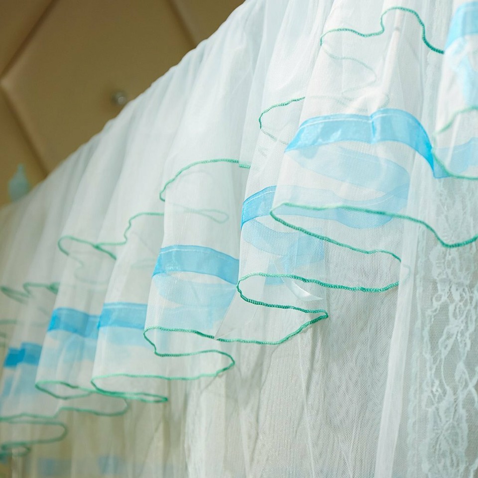 Blue Ruffled Four 4 Post Bed Canopy Netting Curtains Sheer Panel Twin ...