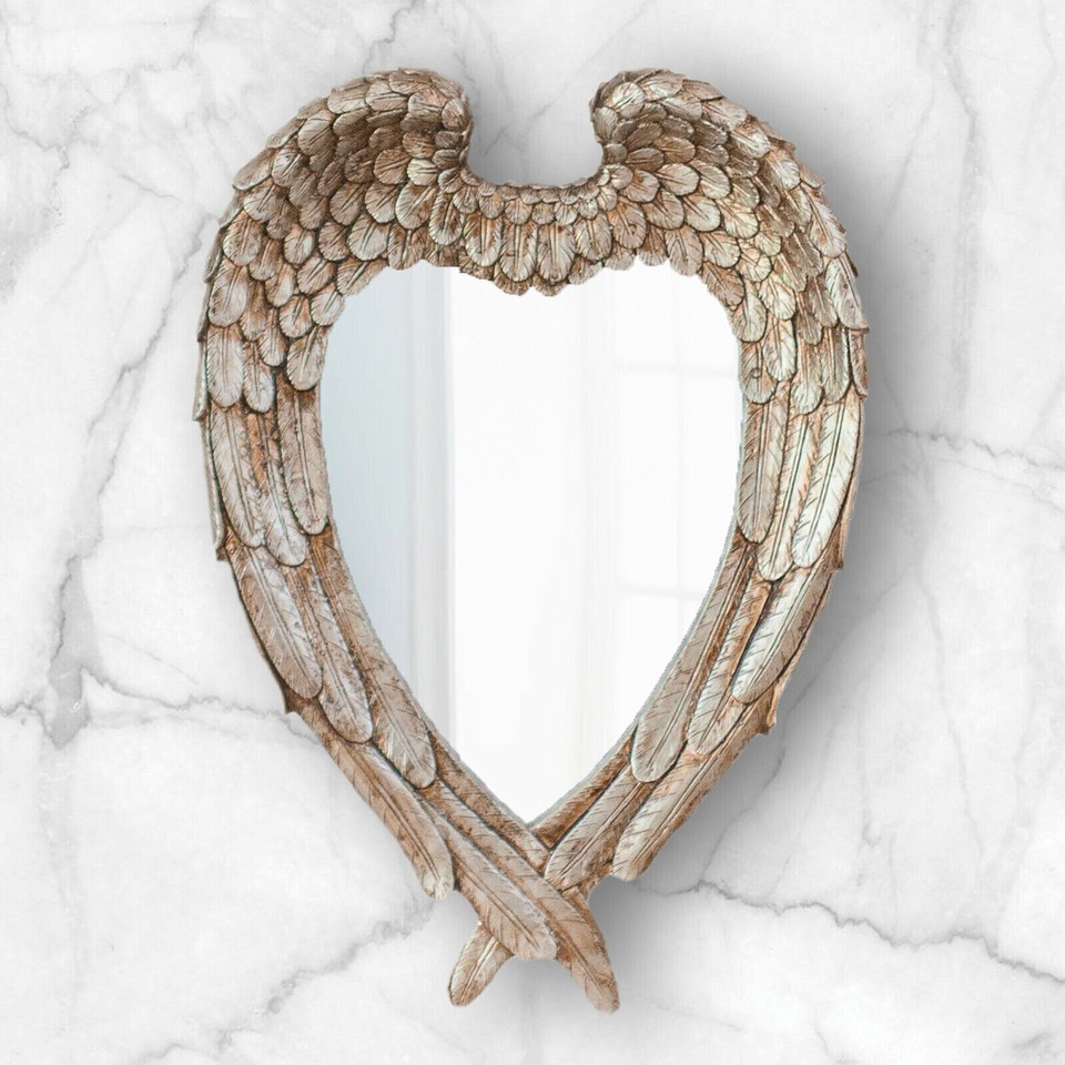Small Heart Ornate Mirror Silver Angel Wings Home Decor Wall Vanity ...