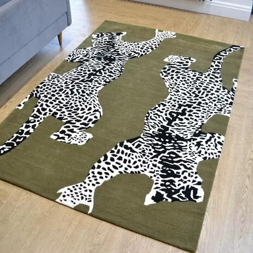 Tiger Print Hand Tufted Climbing Jaguar olive green Modern Handmade ...