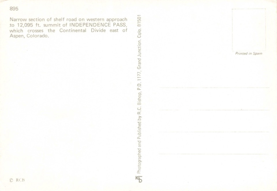 Postcard CO Aspen Independence Pass Continental Divide Shelf Road ...