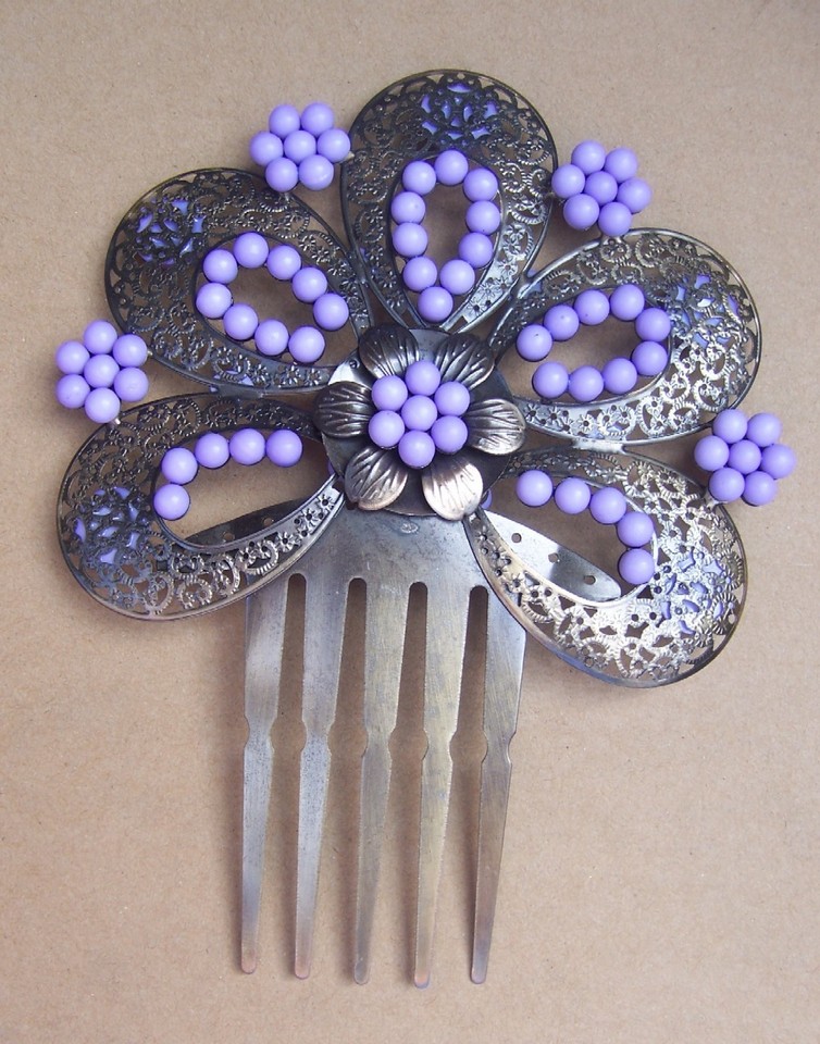 Hair comb peineta Spanish mantilla style mauve beads hair accessory | eBay