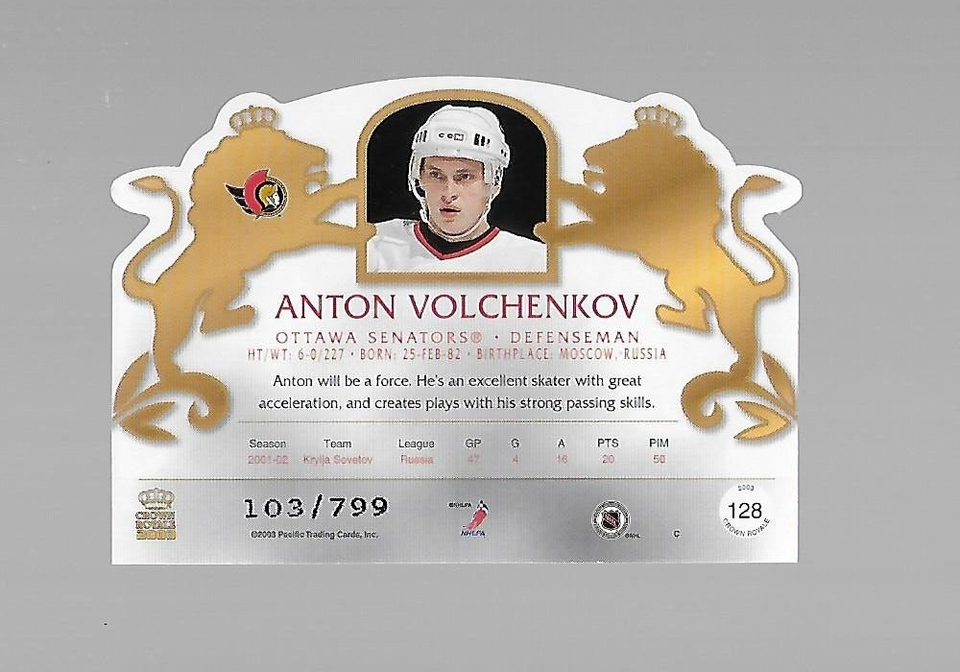 2002-03 Anton Volchenkov, Pacific Crown Royale,Purple Rookie, #ed to ...