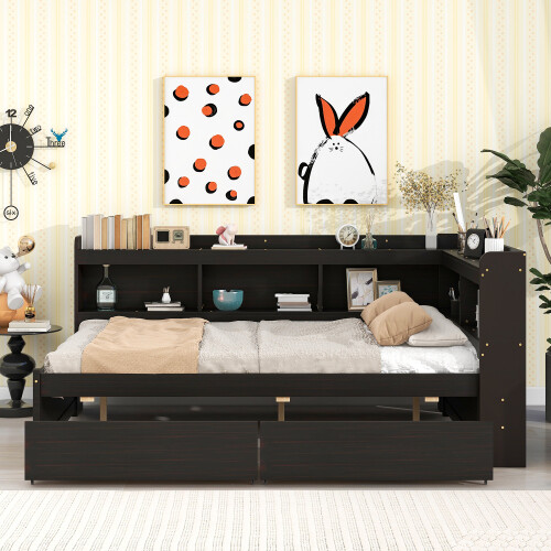 Twin Full Daybed with Storage Drawers & Bookcases Solid Wood Platform Bed Frames | eBay