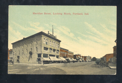 PORTLAND INDIANA DOWNTOWN MERIDIAN STREET SCENE STORES VINTAGE POSTCARD ...