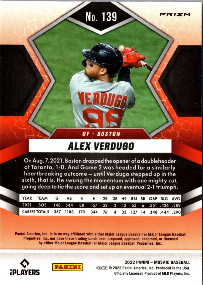 Alex Verdugo-2022 Panini Mosaic Blue Camo Mosaic Prizm #139 Red Sox | eBay