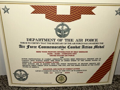 AIR FORCE COMBAT ACTION MEDAL COMMEMORATIVE CERTIFICATE ~ TYPE-2 / W ...