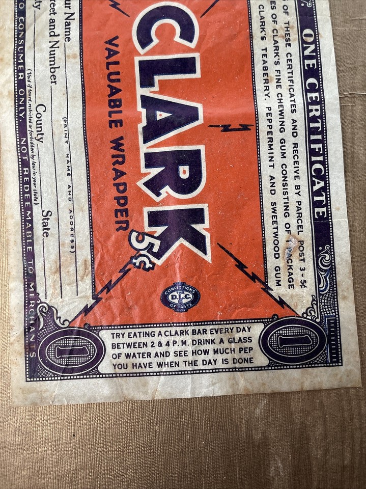Vintage Clark Candy Bar Gum Valuable Wrapper 5 Cent One Certificate ...
