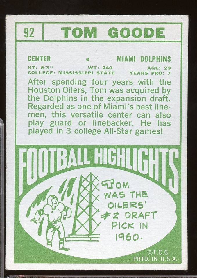 1968 Topps Football # 92 Tom Goode | eBay