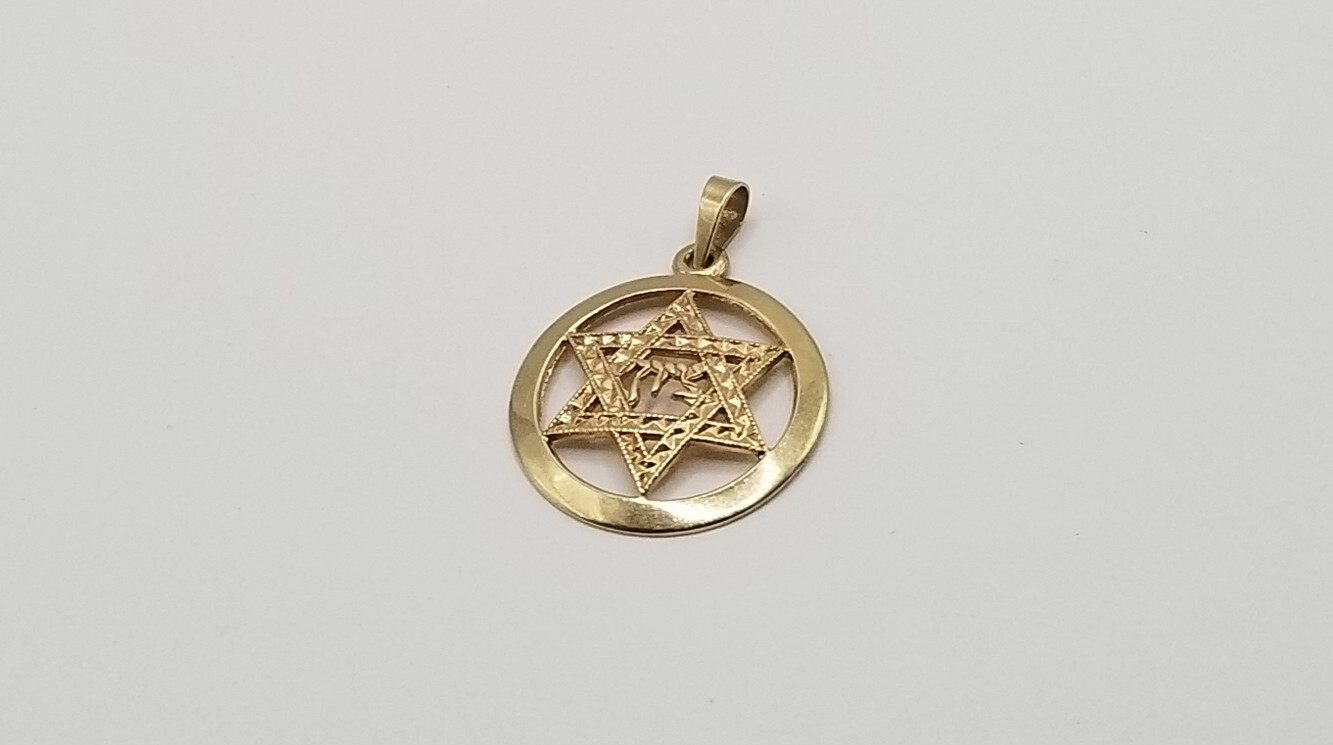 14k Solid Yellow Gold Jewish Star of David Pendant - Gem