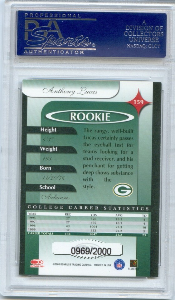 2000 Elite #159 ANTHONY LUCAS Rc Green Bay Packers ARKANSAS Razorbacks ...