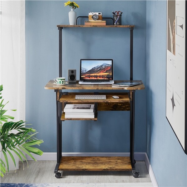 3 Tier Rolling Computer Desk w/Printer Shelf Keyboard Tray Rustic ...