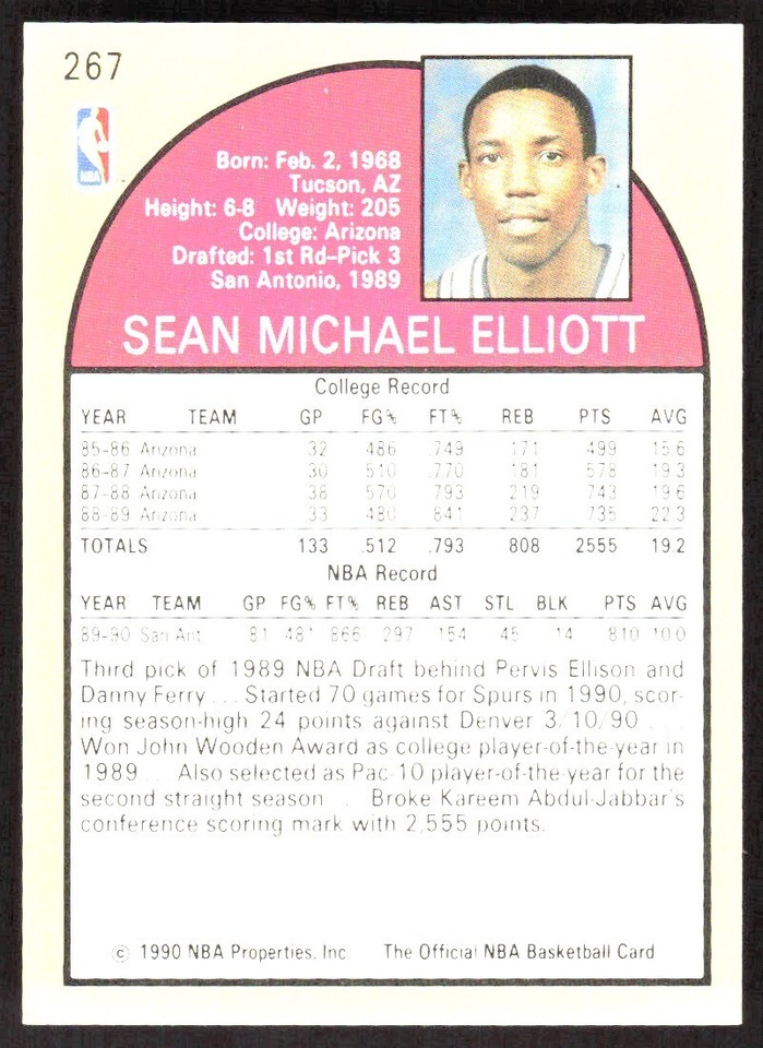 1990-91 713A Hoops Sean Elliott Rookie San Antonio Spurs #267 | eBay
