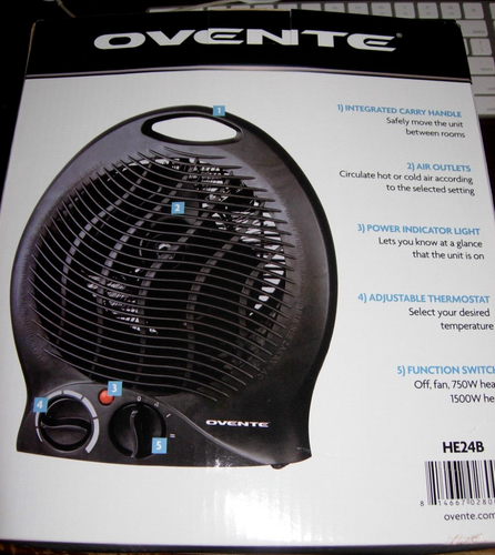 Ovente Desk Fan Heater Carry Handle Adjustable Thermostat Power ...