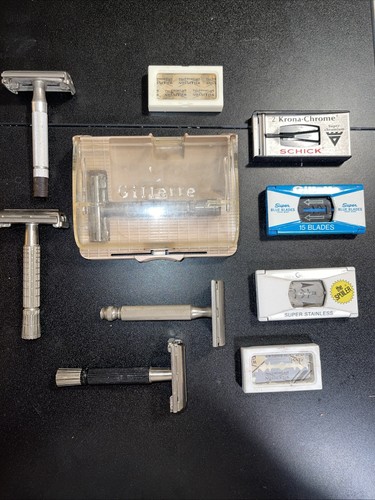Collection Of 5 Vintage Gillette Double Edge Shavers And 5 Packets Of ...
