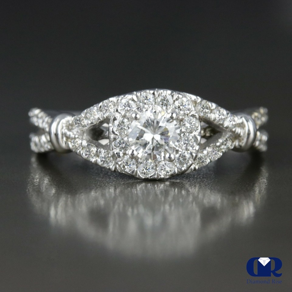 Natural 0.78 Ct Round Cut Diamond Halo Twisted Shank Engagement Ring ...
