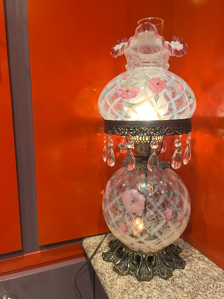 Fenton Lamp Rose Crest Trellis Lattice Diamond Optic Painted Glass ...