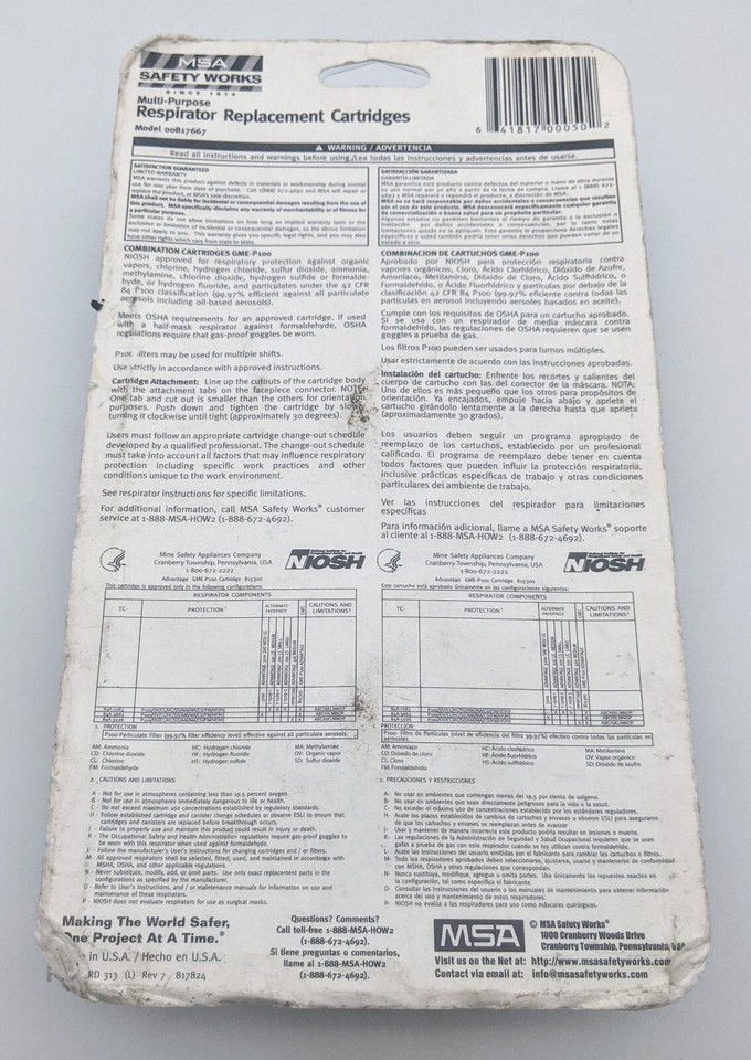 Respirator Replacement Cartridge 2-Pack MSA Safety Works 817667 OSHA | eBay