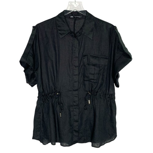 Zara L Womens Black Linen Button Front Shirt Drawstring Waist ...