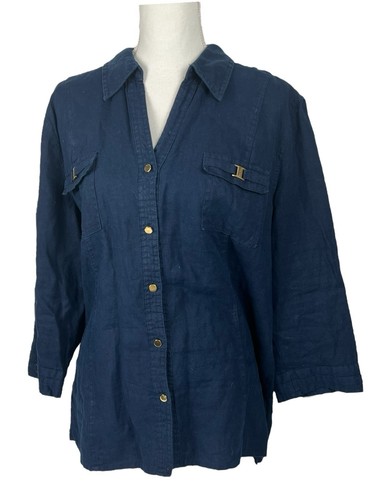 JM Collection Size 18 100% Linen Blouse 3/4 Sleeve Blue Button Up Top ...