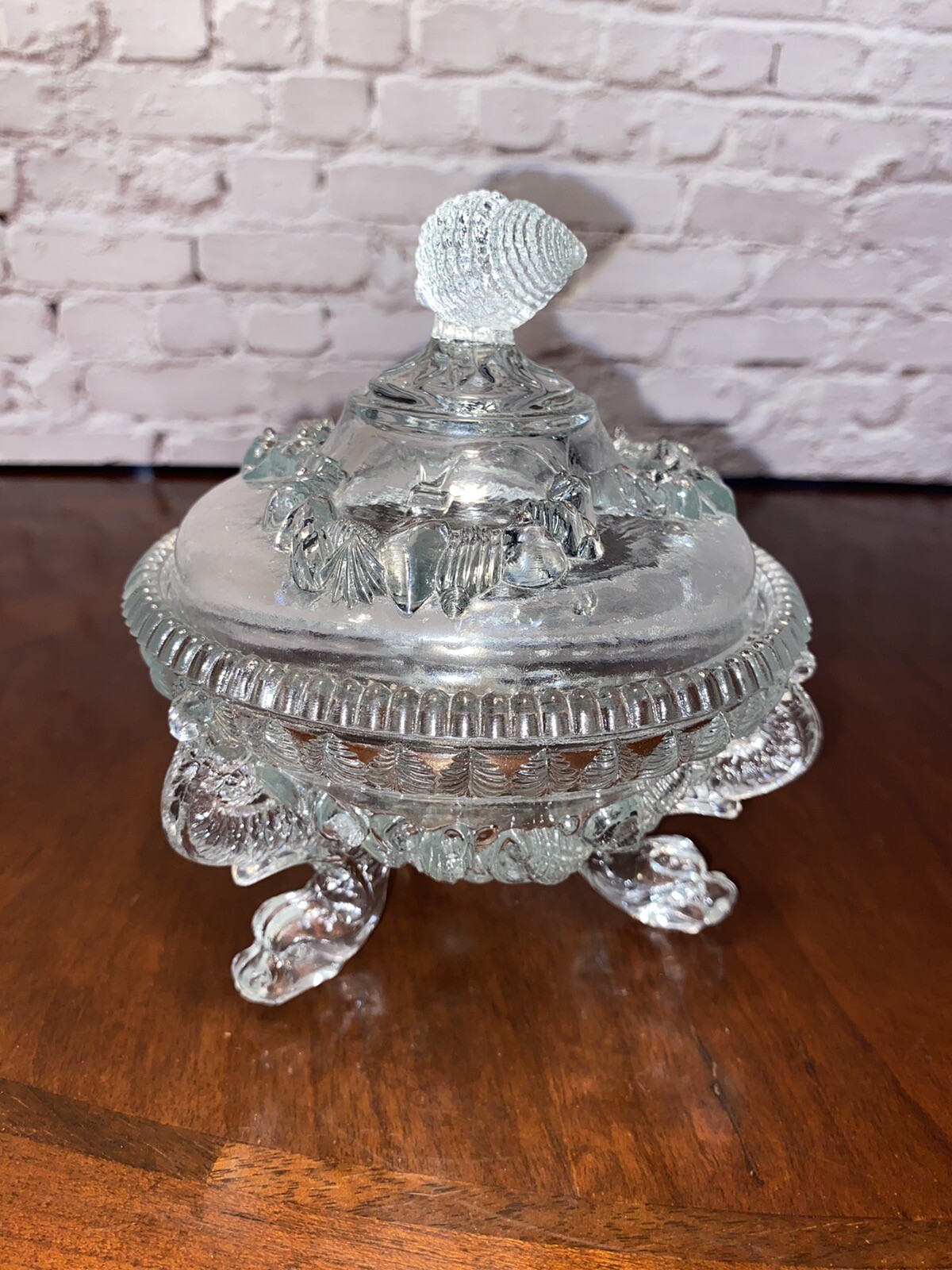 Westmoreland Argonaut Shell Clear Glass Covered Candy Dish. UV REACTIVE ...