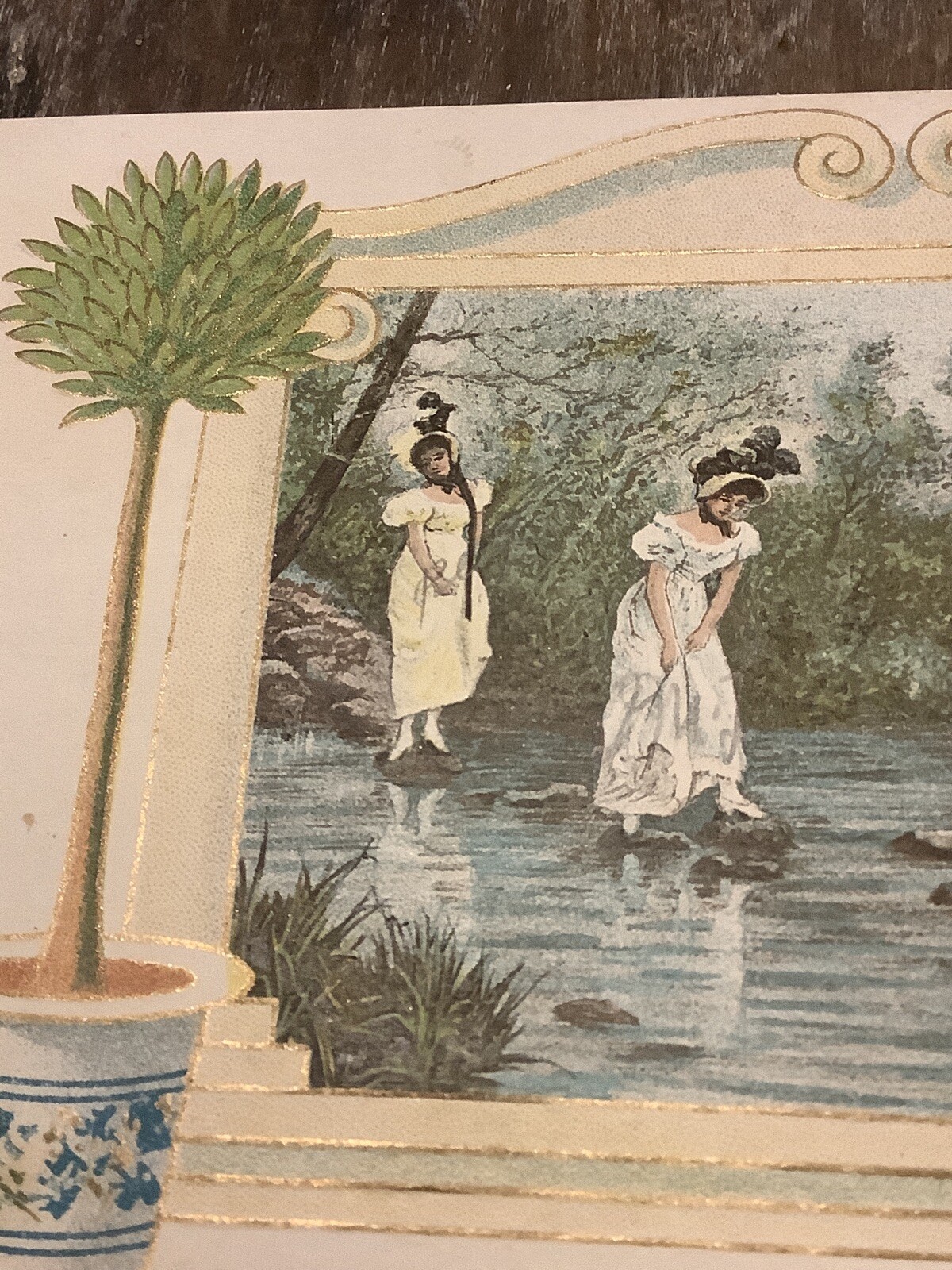 Unusual Vintage Greeting Postcard Women Walking Across River Topiary ...