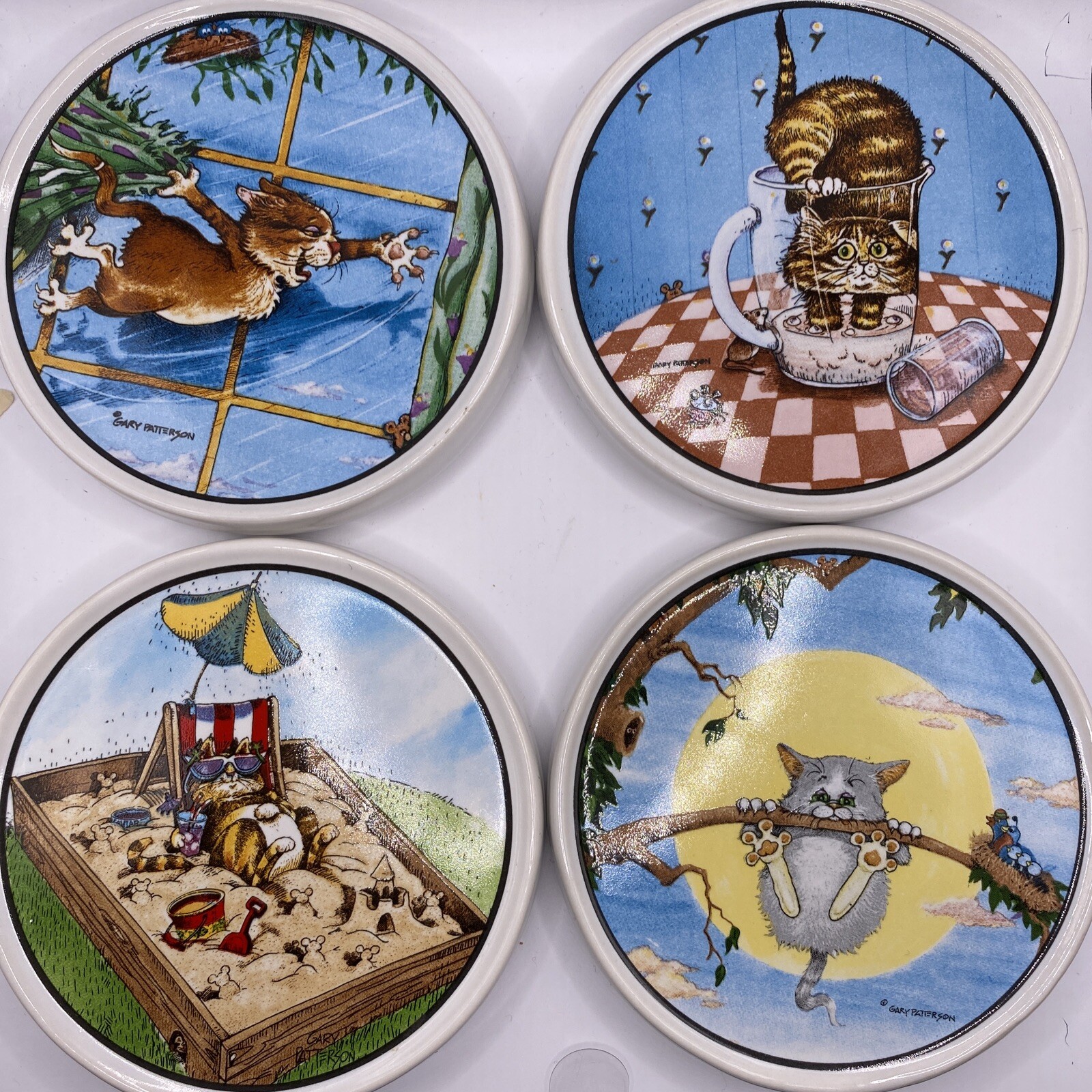 4 CAT CARTOON COASTERS by GARY PATTERSON~CLAY DESIGN INC 4 1/8"Rubber ...