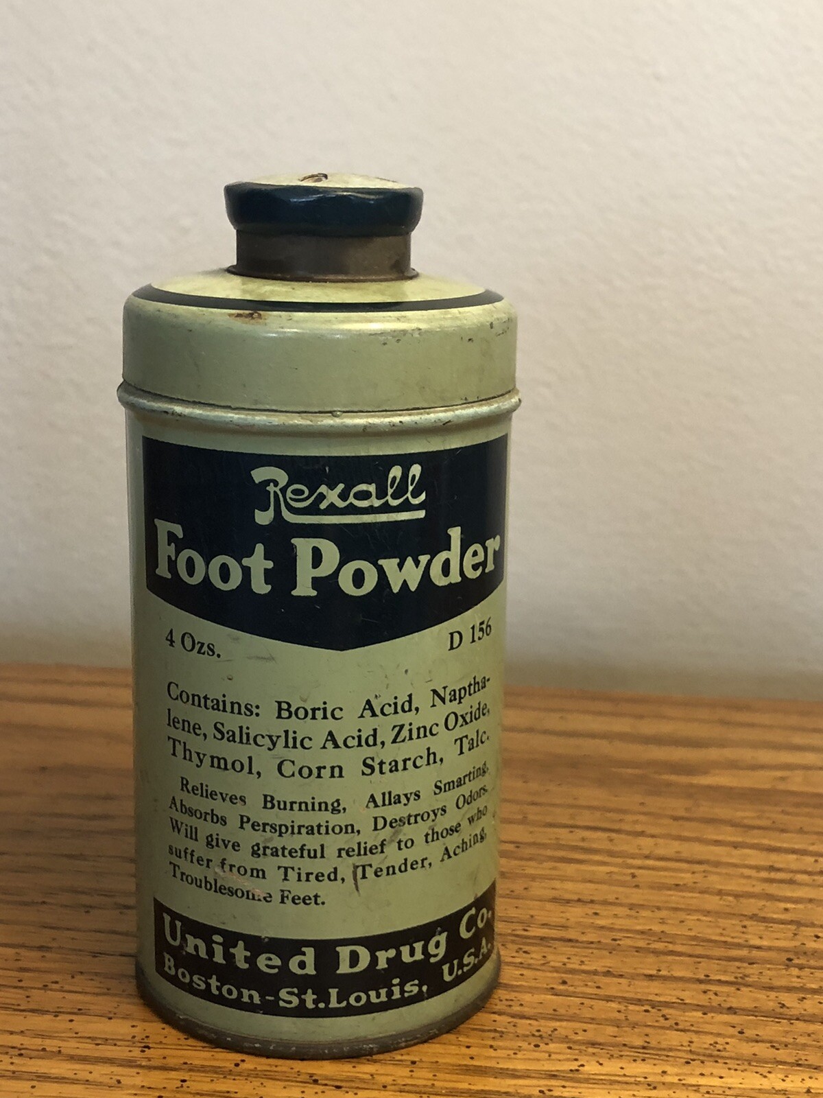 VINTAGE REXALL FOOT POWDER TIN 4.5” UNITED DRUG CO BOSTON-ST LOUIS ...