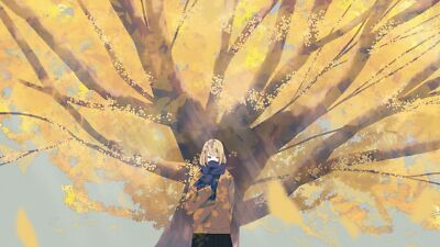 Anime tree bark standing girls scarf trees leaves short Playmat Game ...
