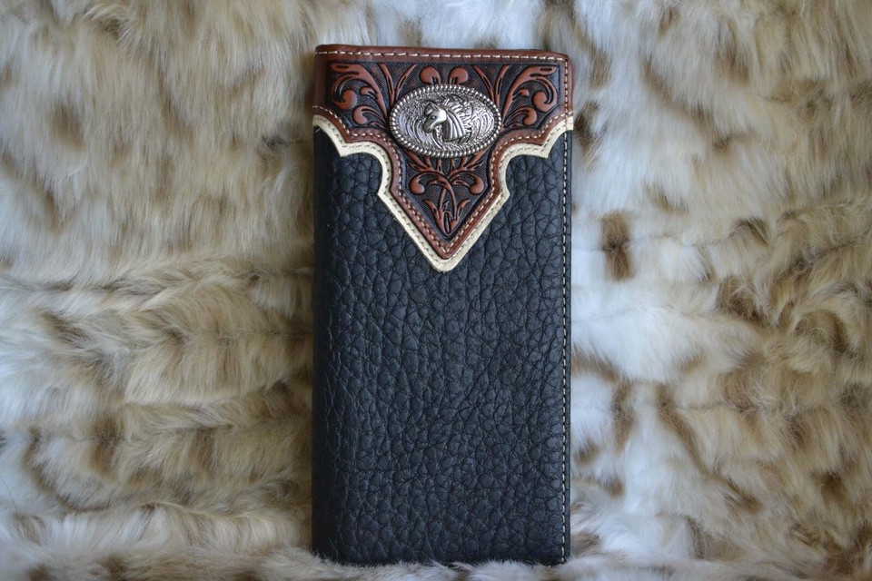 Leather wallets for men western cowboy bi-fold wallet horse rodeo black ...