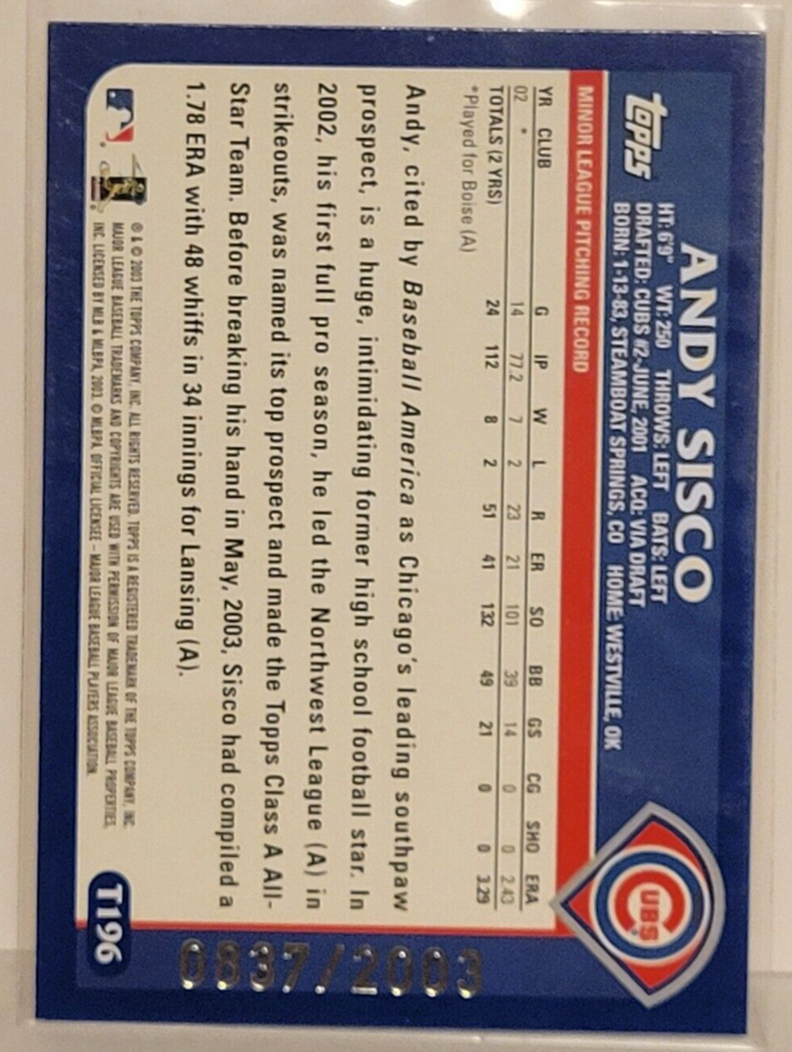 2003 Topps Traded Gold RC #T196 ANDY SISCO - Chicago Cubs - #/2003 | eBay