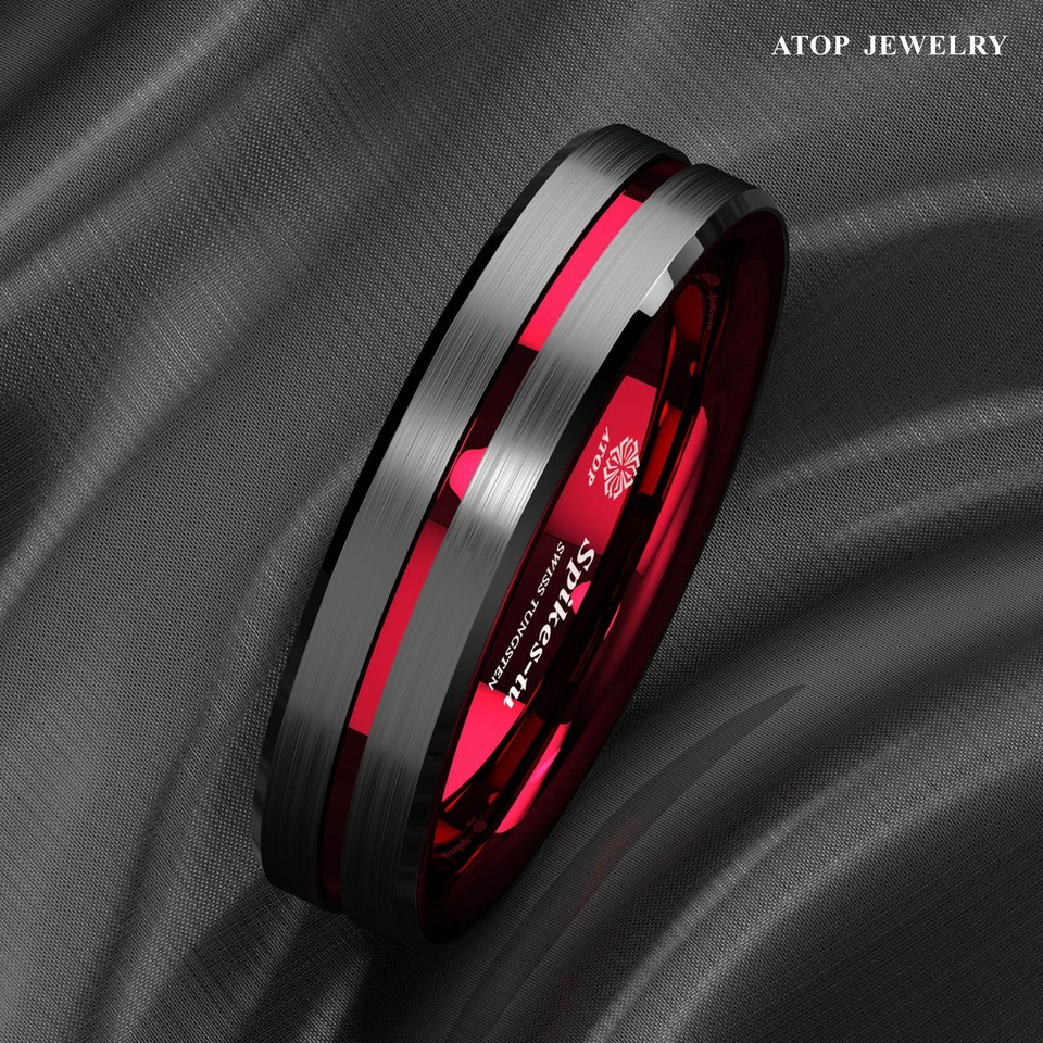 8/6mm Black Tungsten Carbide Thin Red Line Wedding Band Ring ATOP Men's ...