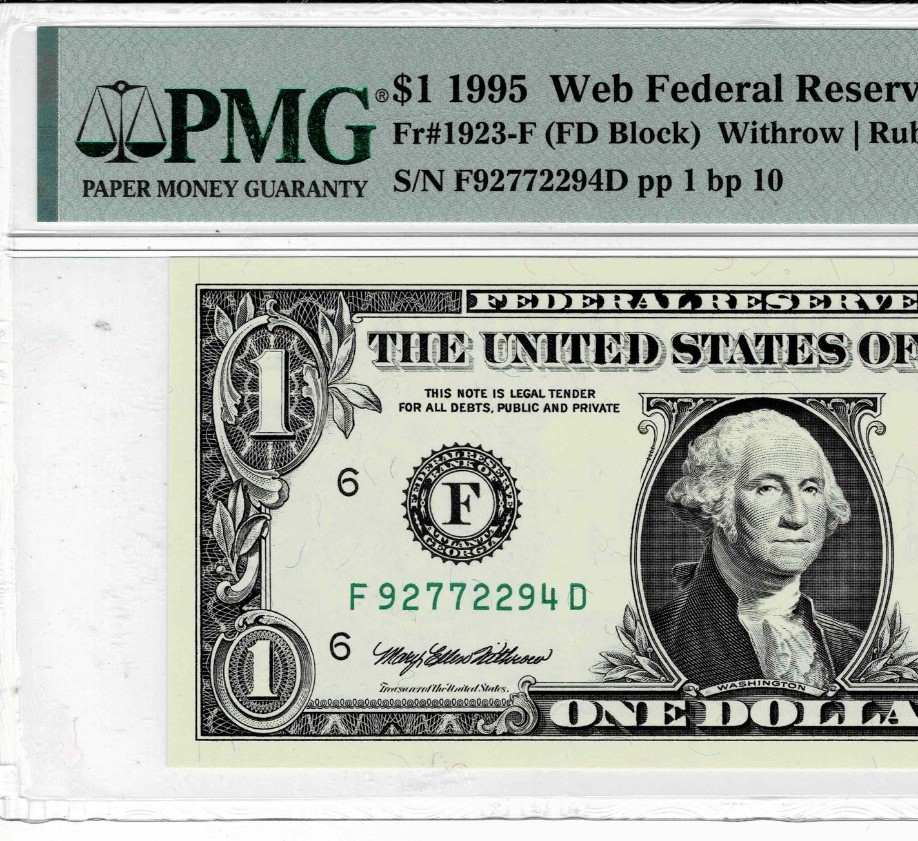 1995 $1 Federal Reserve'WEB'Note-(FD Block)-Run 15--1/10-PMG 67 EPQ ...