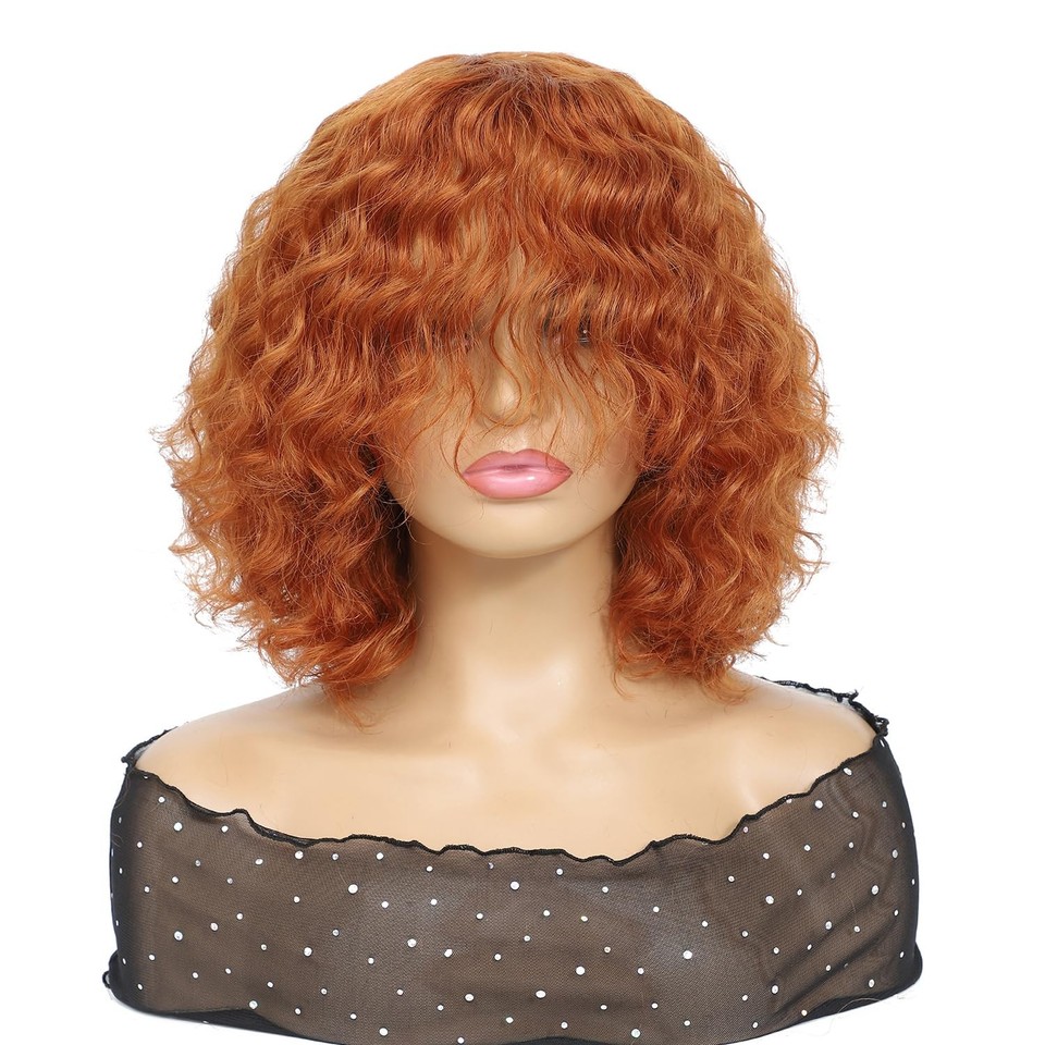 Ginger Wig Human Hair With Bangs 12 Inch Ginger Orange Deep Wave Bob ...