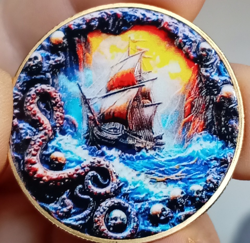 1pc Brave Pirate vs Angry Sea Coin. Colored Metal Artwork. #draw13 & 40 ...
