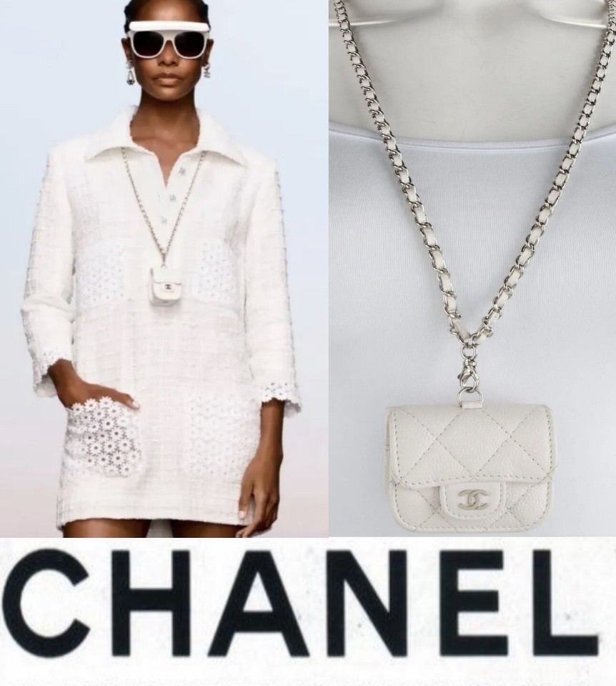 Mint Chanel 2021 White Caviar Leather Chain Mini Airpod Case Necklace ...